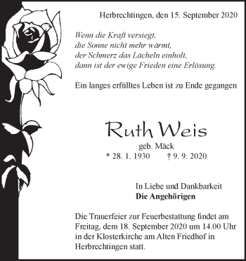 Traueranzeigen von Ruth Weis | trauer.hz.de