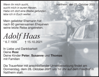 Traueranzeigen von Adolf Haas | trauer.hz.de